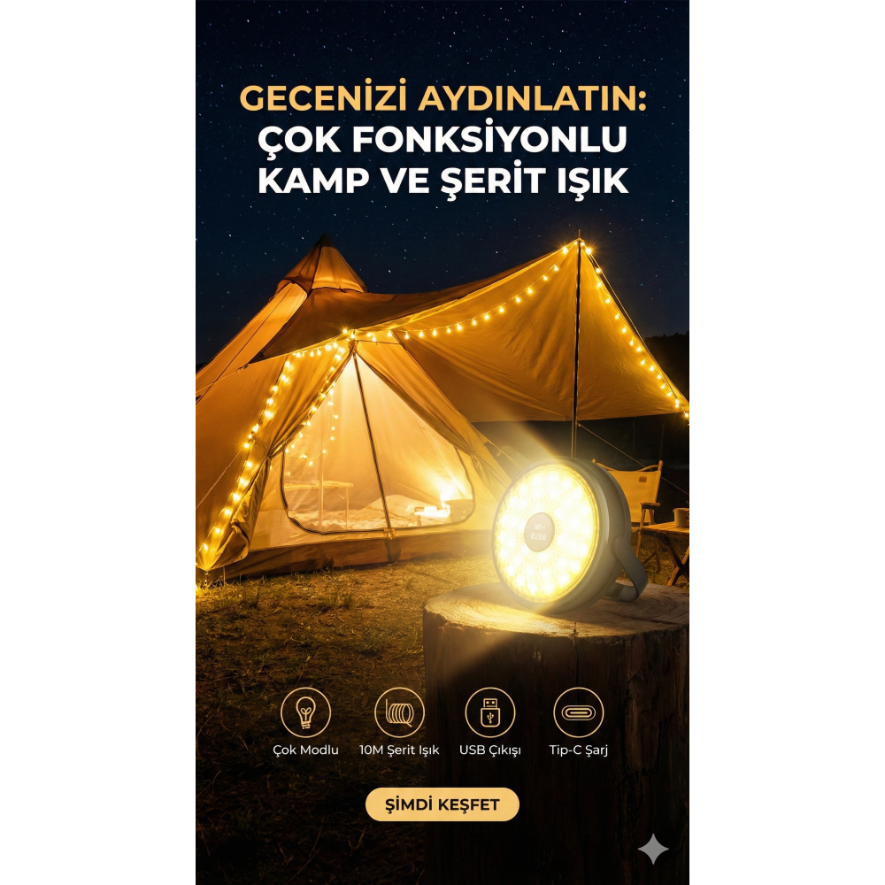 Şarjlı 10 Metre Ledli Şarj Göstergeli 7 Işık Modlu Hareketli Ve Flaşör ...
